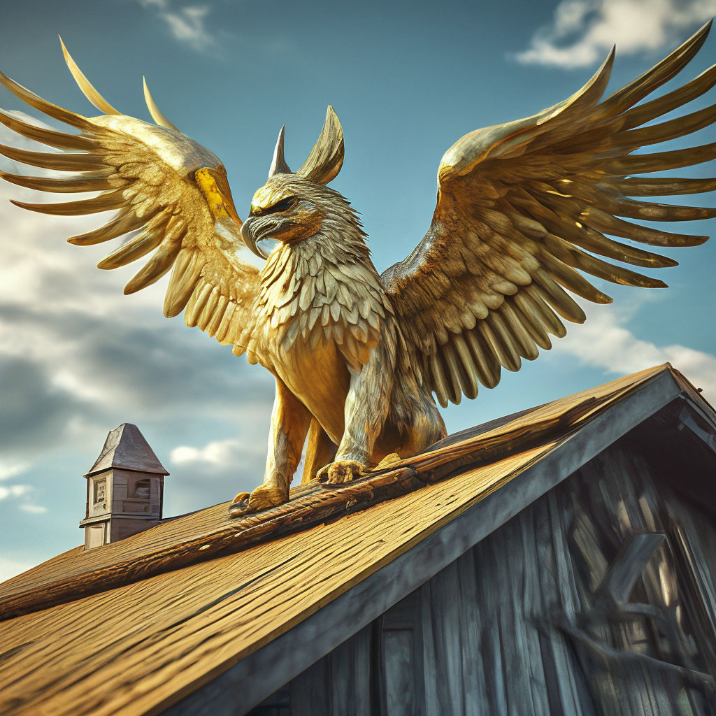 "On the roof of the barn sits a griffon with a steel beak and yellow ...