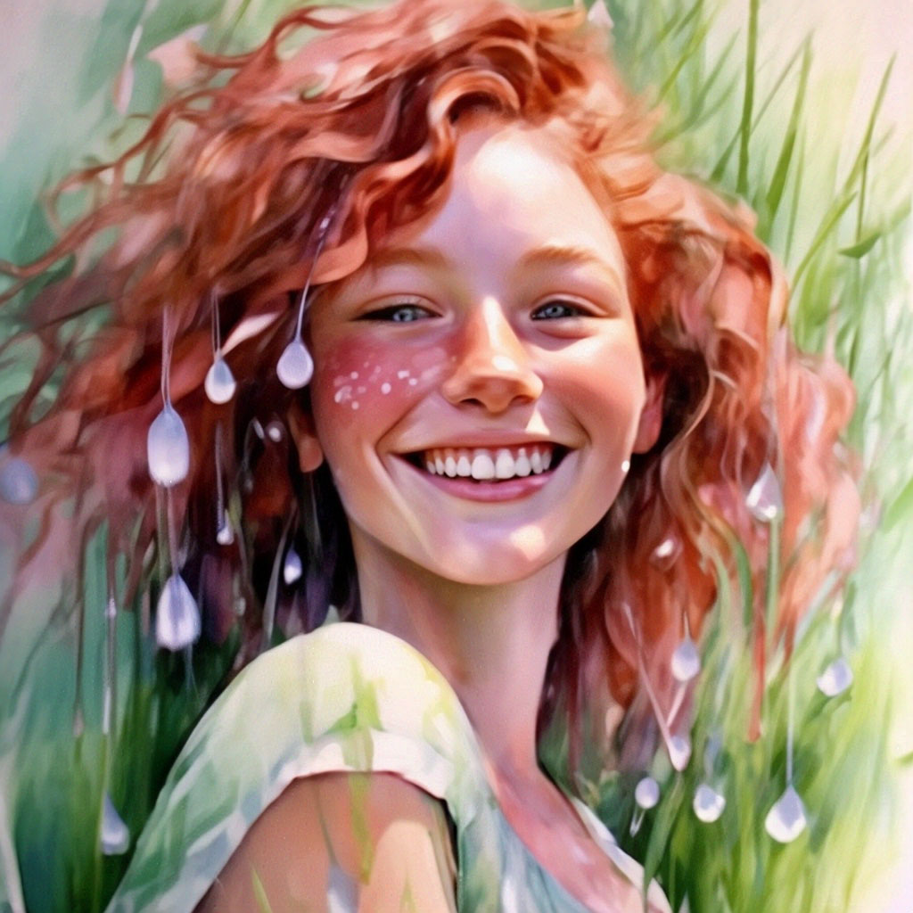"Gentle, languid, watercolor, grass, drops, portrait,freckles, curls ...