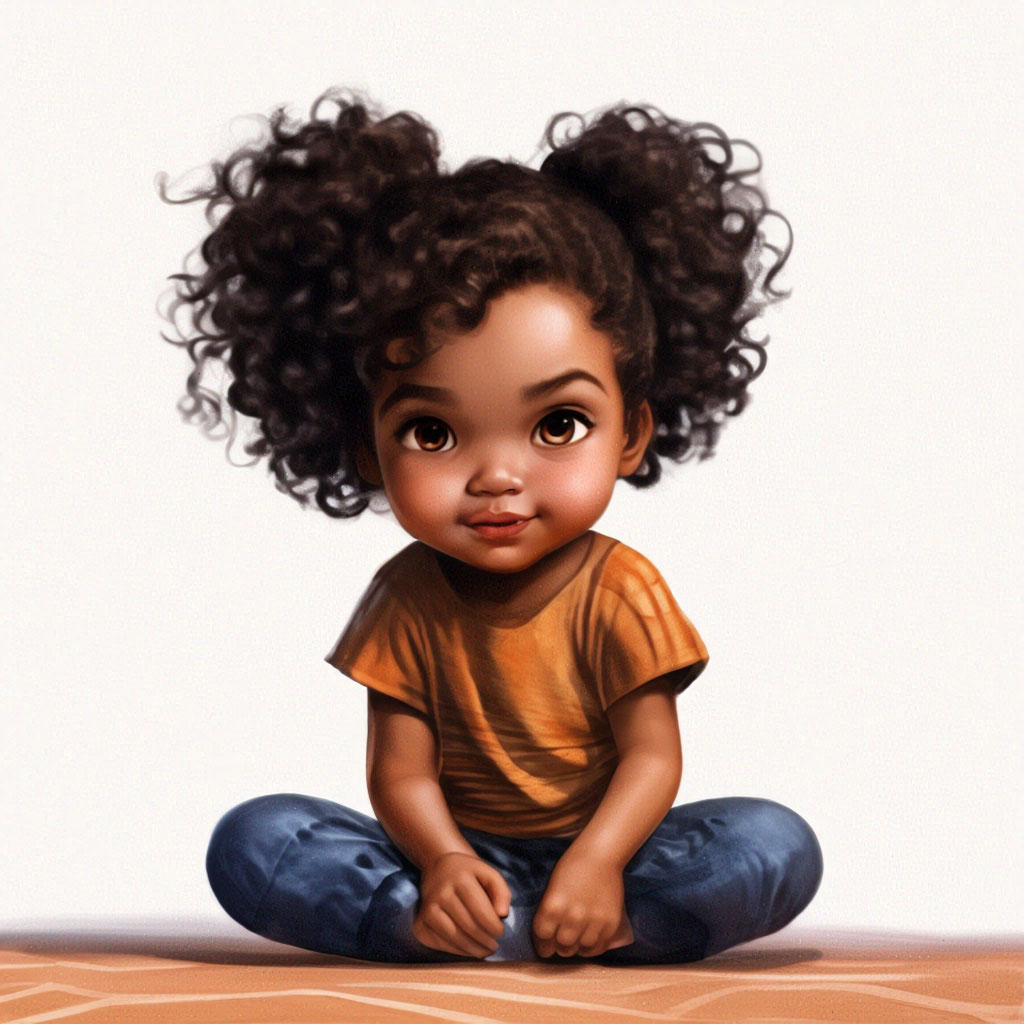 "Small, creepy, funny girl, five years old, dark skin, dark curly hair in a ponytail, color ...