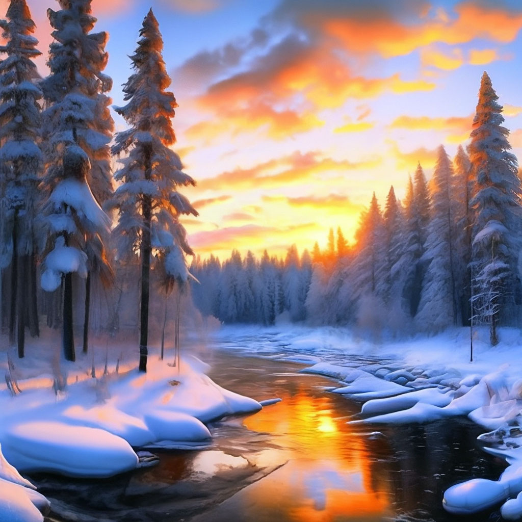 winter forest landscape, khokhloma style is beautiful , hyperrealistic ...