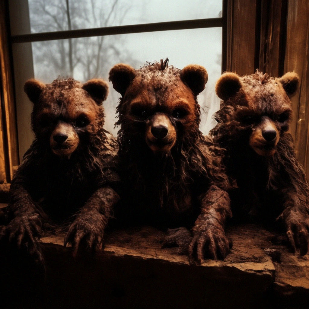 "Horror three evil zombie bears hid under the window late in the evening))" — image created in ...