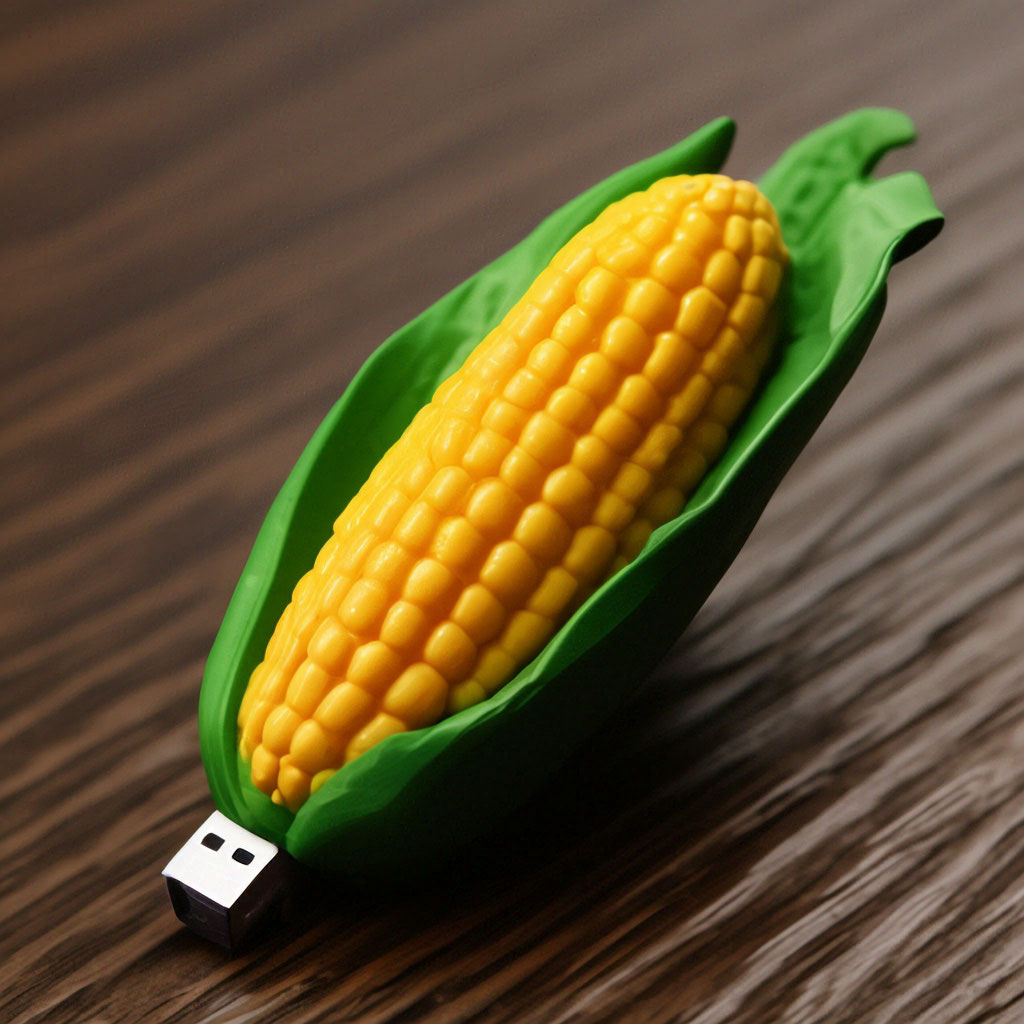 "USB flash drive in the shape of corn" — image created in Shedevrum