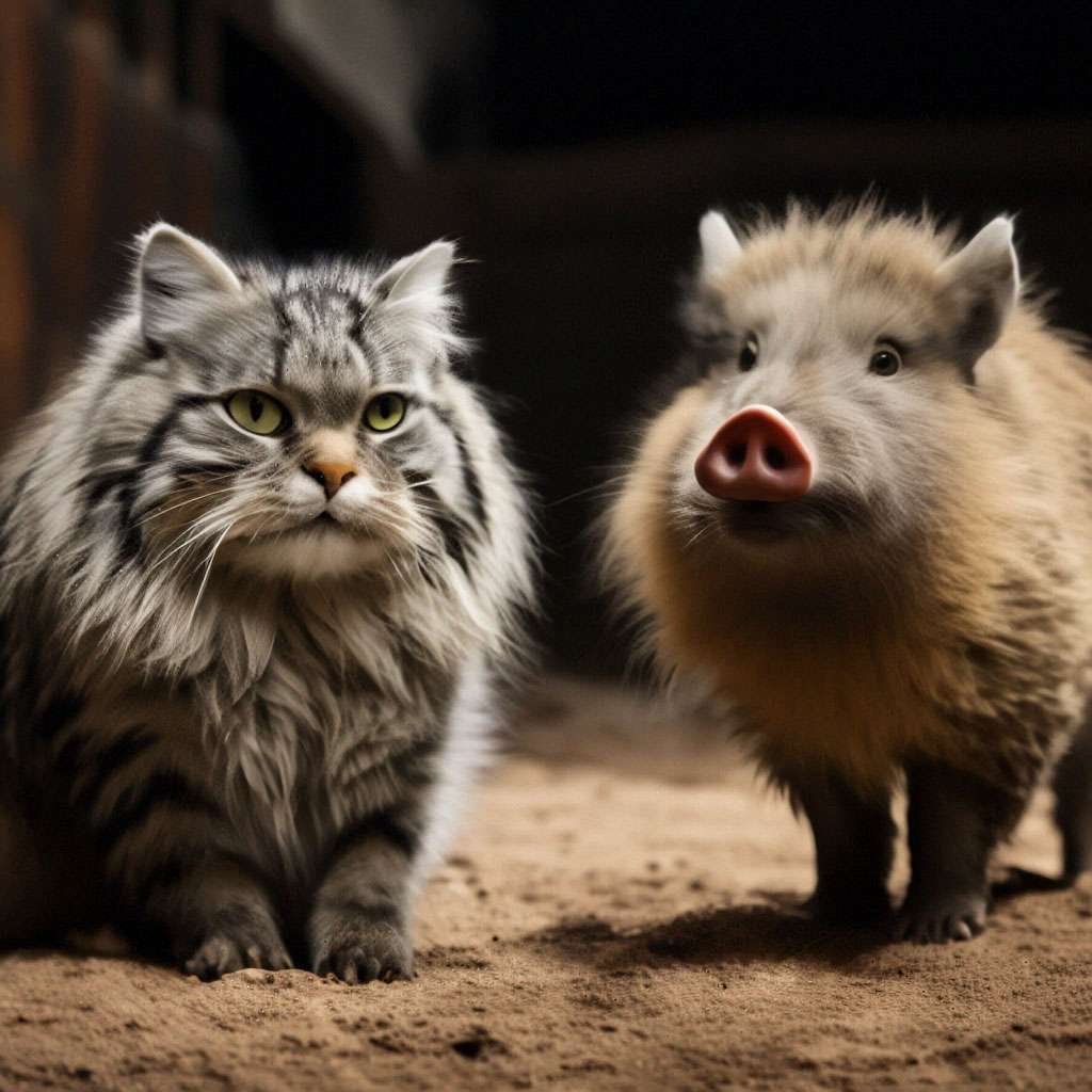 "Manul the cat and the boar in the arena" — image created in Shedevrum