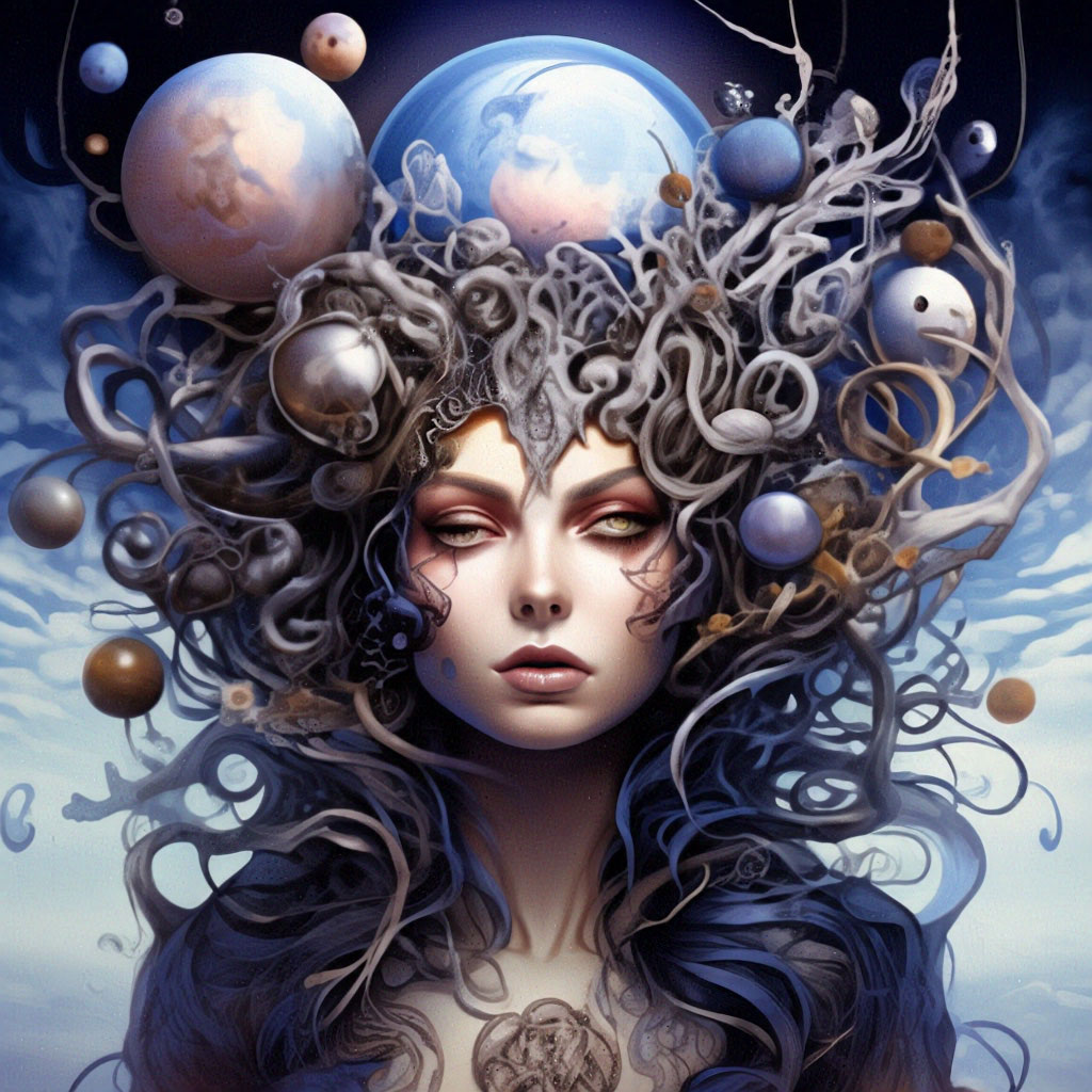 "The queen of the absurd, a girl with thoughts, scrolls, stars, clouds ...