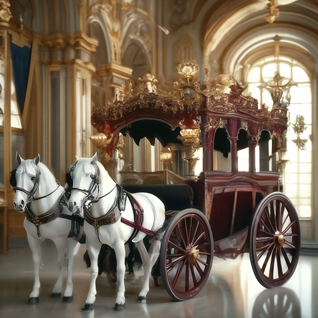 "Photorealism. a wrought-iron carriage with maroon velvet. white horses ...