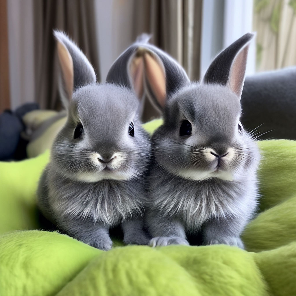 "Two cute grey baby rabbits are sitting on a lime-colored down ...