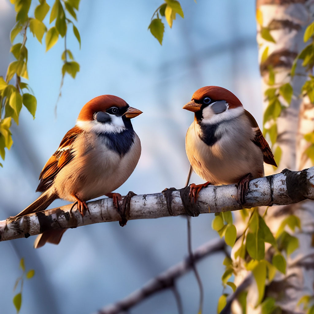 "Spring, two sparrows are sitting on a birch tree, aesthetically ...