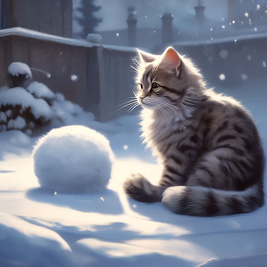 "The cat is sitting next to the snowball and there is snow around ...