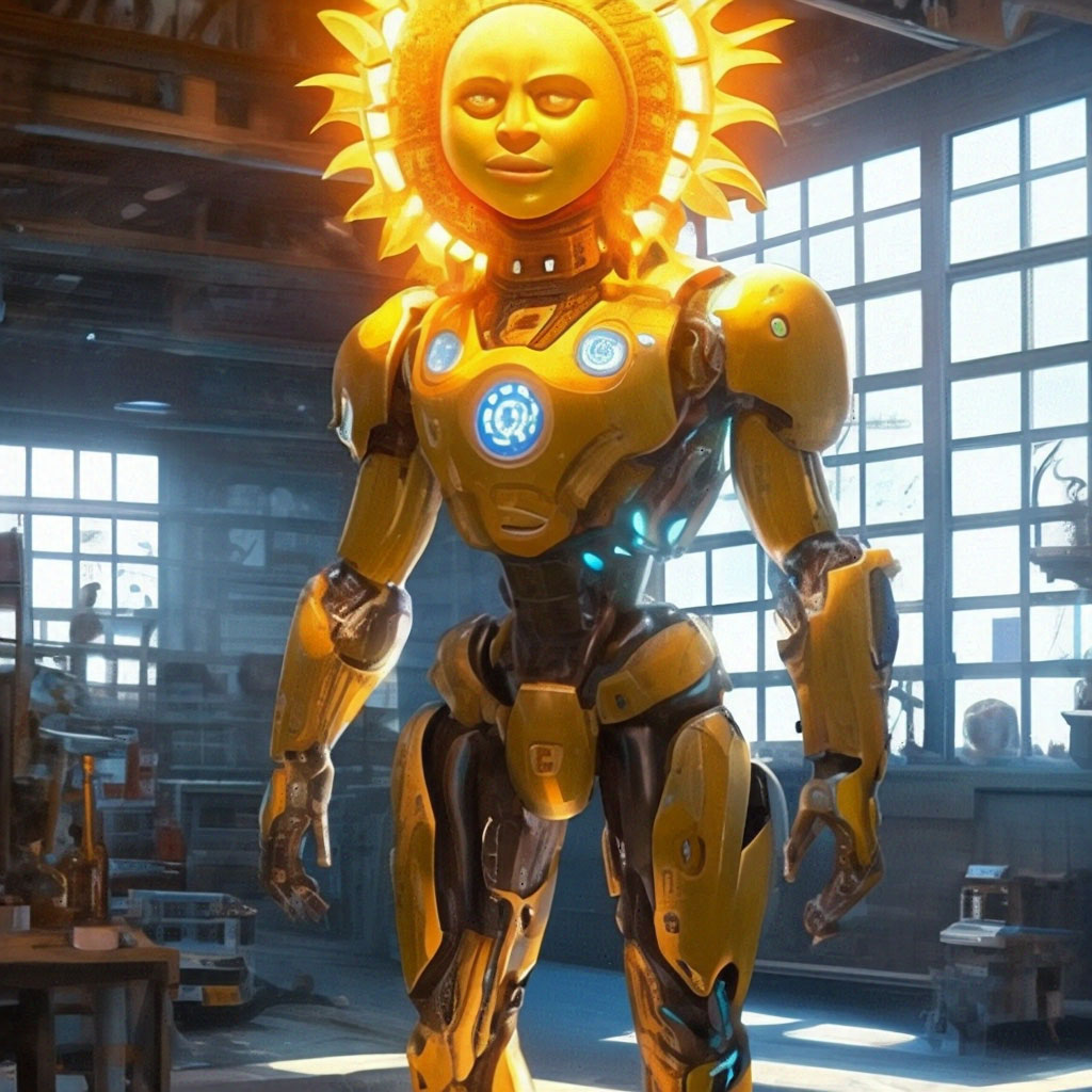 "A living anthropomorphic cyborg sun, a sun-shaped head, stands in a ...