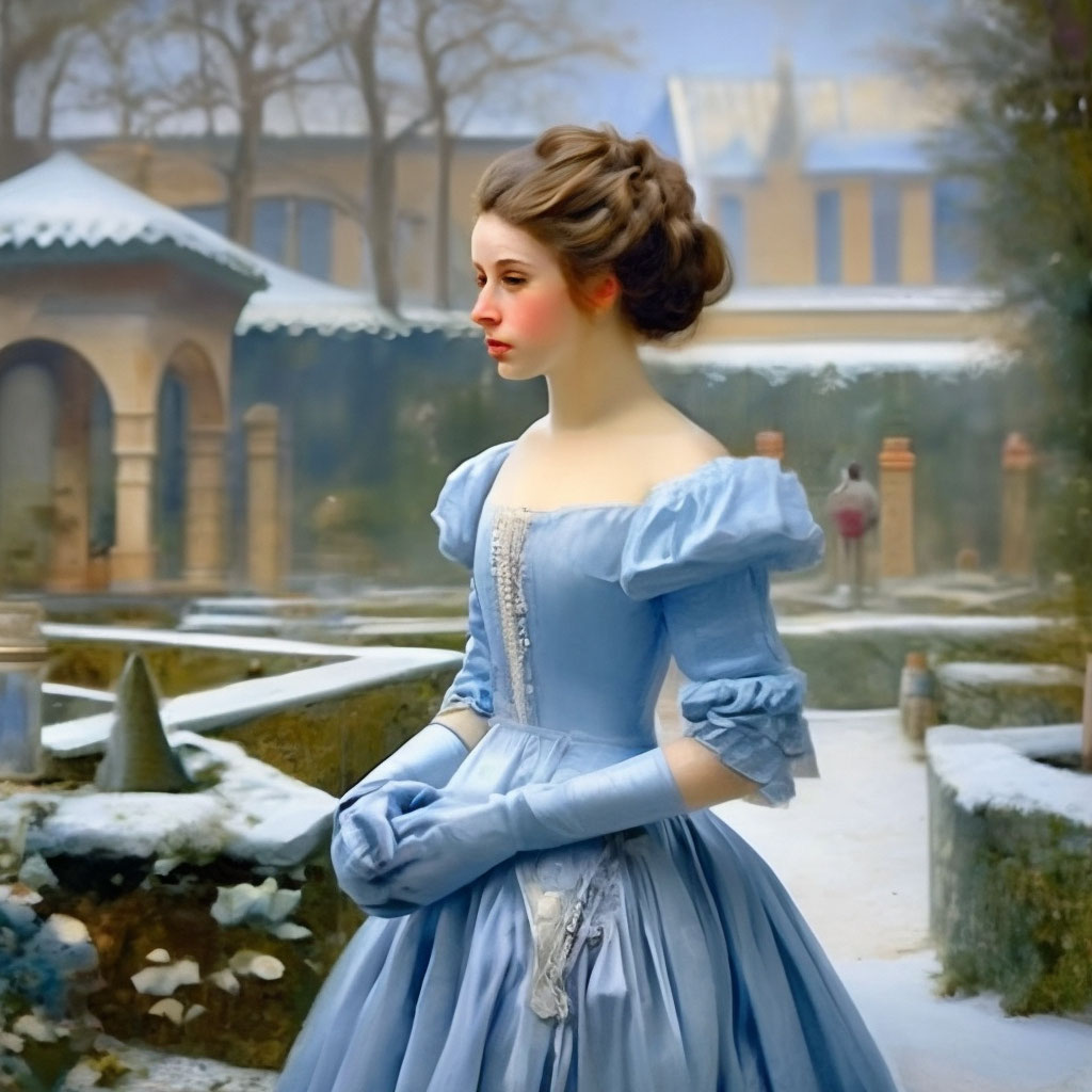 "Año 1850. mes febrero una chica con un vestido azul claro, con un ...