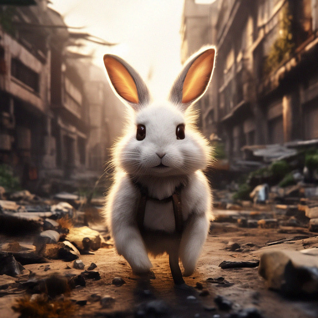 "A fluffy, white, cute rabbit walks through a ruined Post-apocalyptic ...