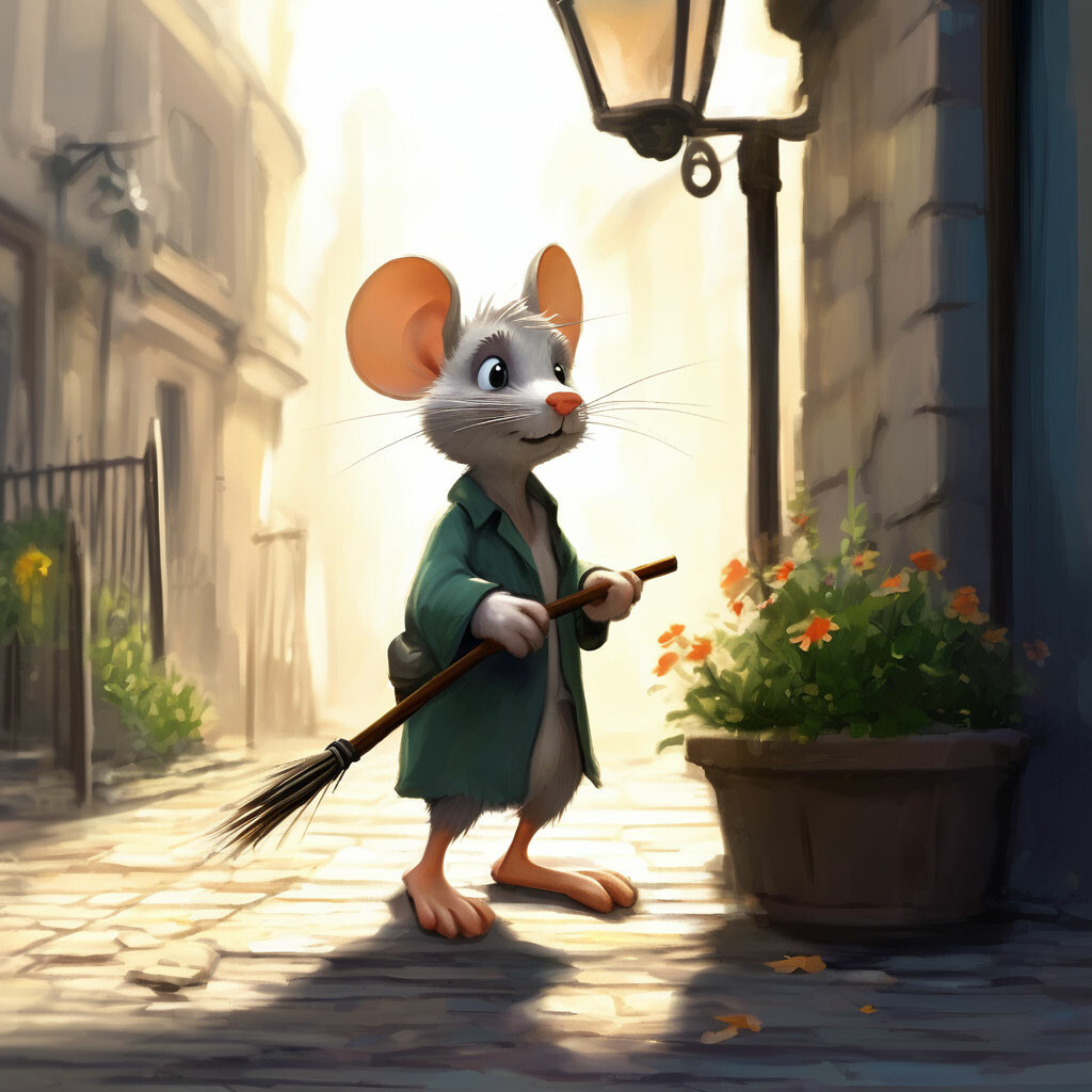 "Mouse janitor, sweeps Montmartre, cartoon, spring morning, dew, soft ...