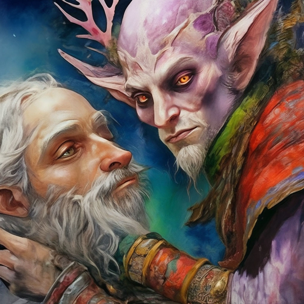 "A Boho-style elf caught a big fool and looks at him in surprise ...