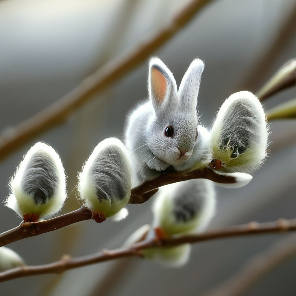 Palm rabbits on a willow branch there are tiny round fluffy cute gray ...