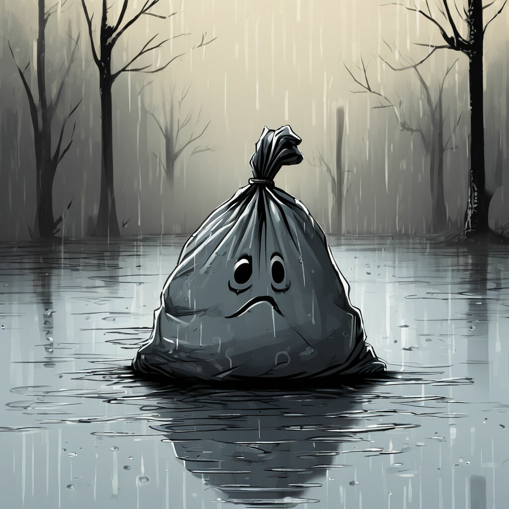 "Sad garbage bag, rain, puddle, fog, gray weather, melancholic, cartoon ...