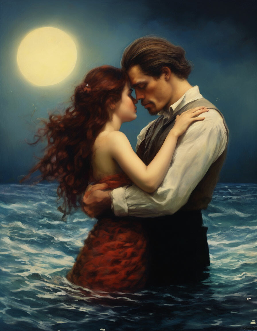 "In the style of Howard Pyle, mermaid and sailor, night, hugs" — image ...