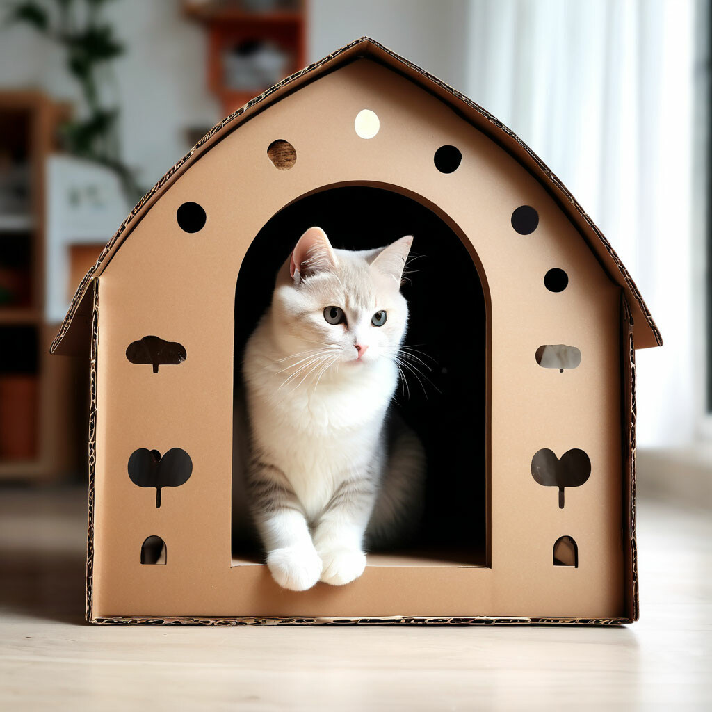 "Cute comfortable cardboard cat house …" — image created in Shedevrum
