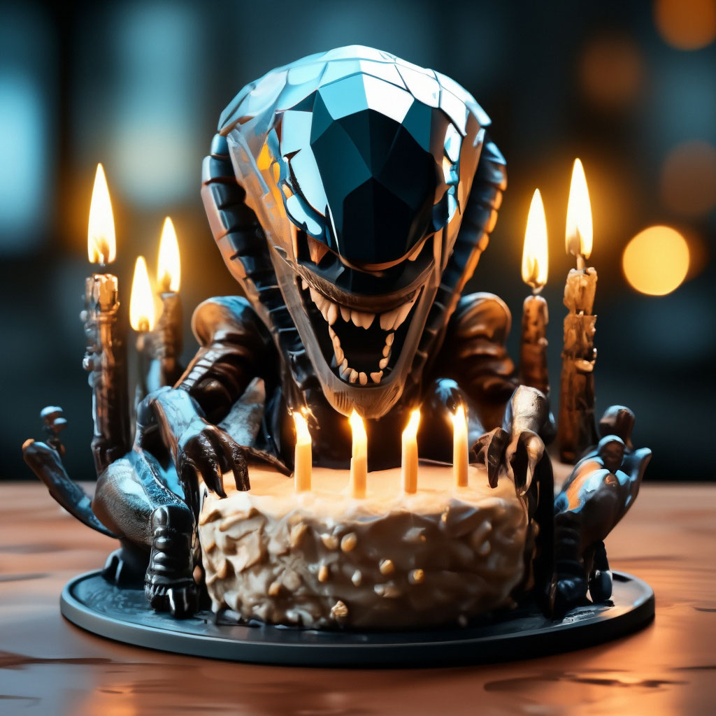 "Birthday cake with candles in the form of a xenomorph" — image created ...