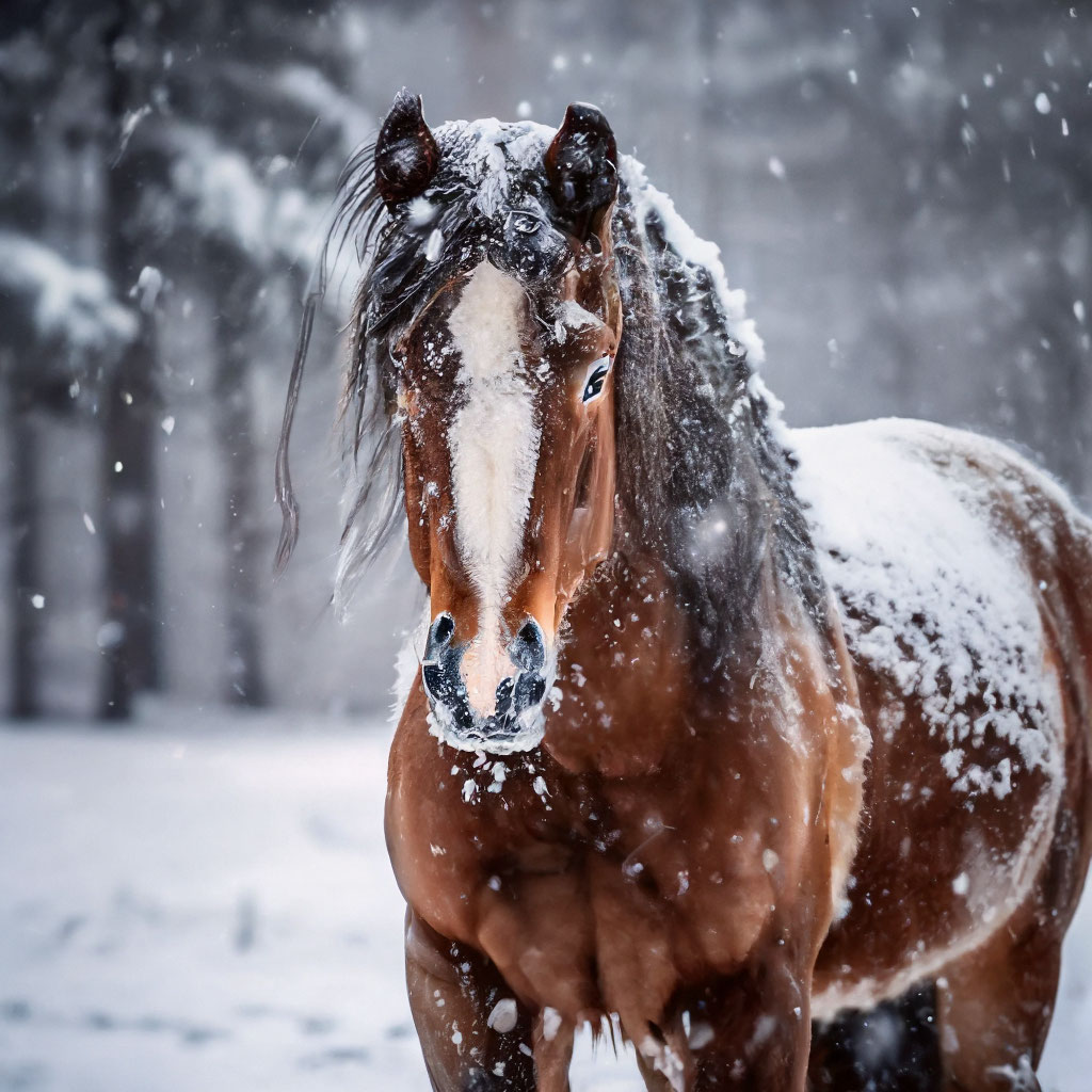 "Stallion in the snow mane, snowfall" — image created in Shedevrum