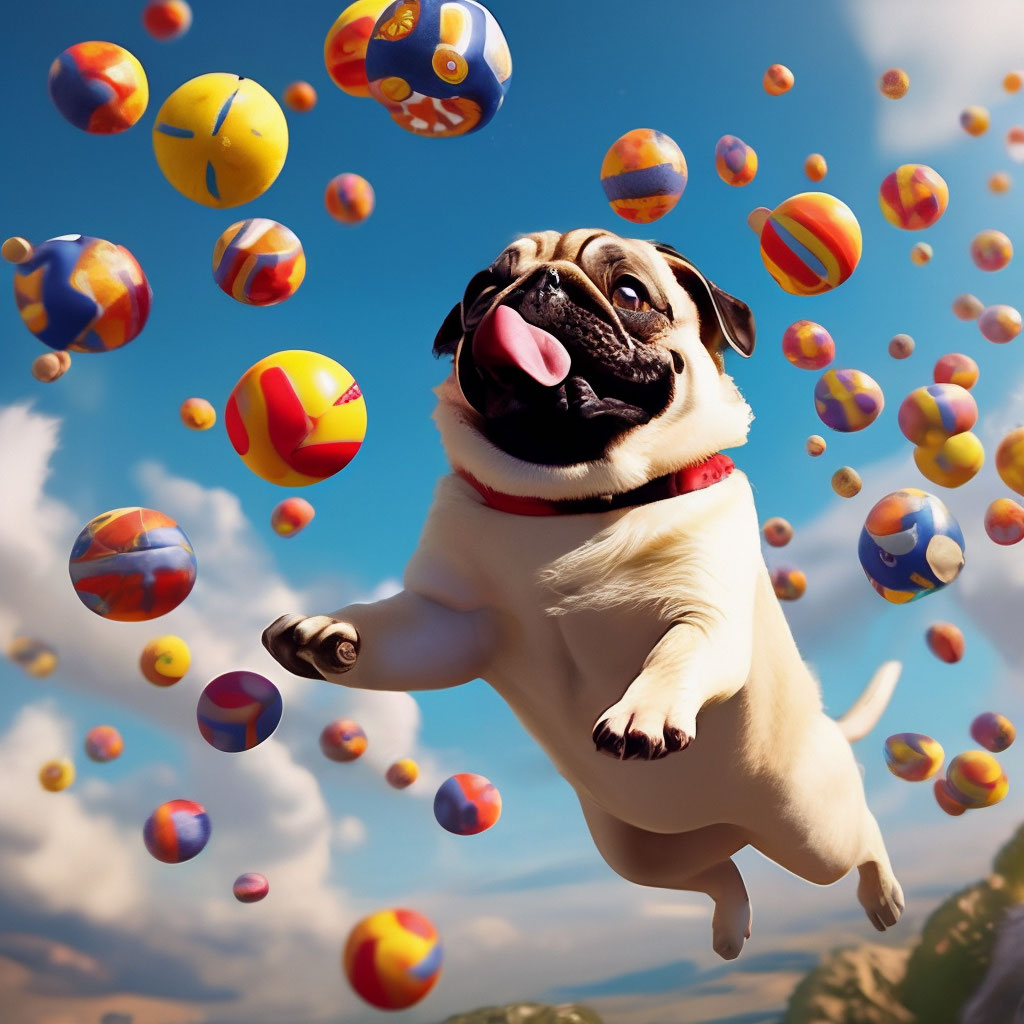 "A bunch of balls are tied to a pug, it flies in the sky not high above ...