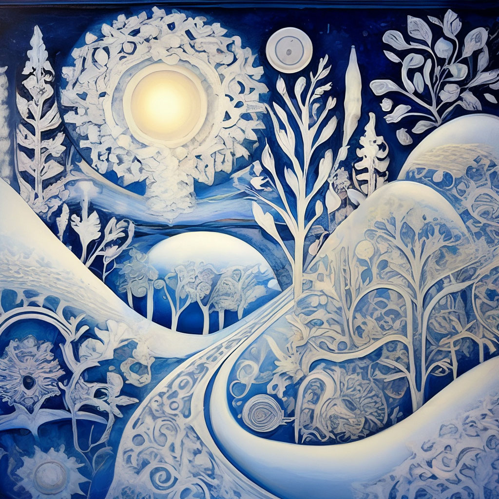 ". winter lace ornament, pastels, pencils, grotesque, landscape, snow ...