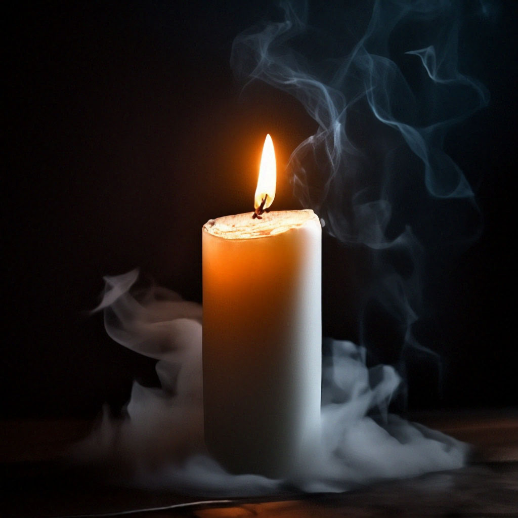 "A white candle burns in smoke, in pitch darkness." — image created in ...