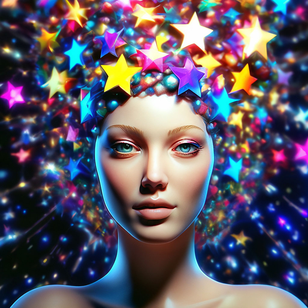" ️ ️ ️ a woman's face, many colorful stars on her head, big eyes, 3D ...