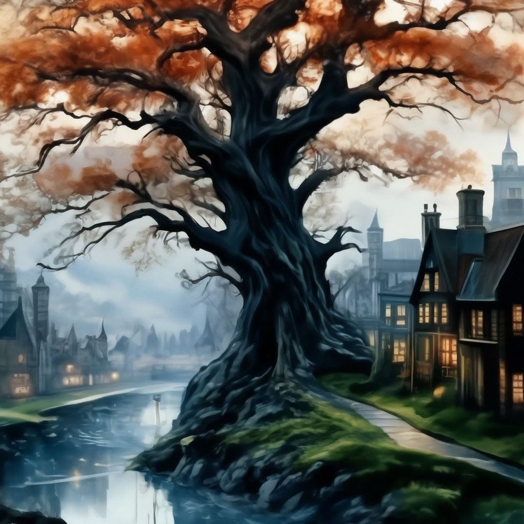 "English watercolor,fictional old and mighty tree, far away,city ...