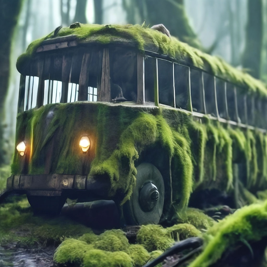 "Druids and trees. Scary ent-trolleybus overgrown with moss in scary ...