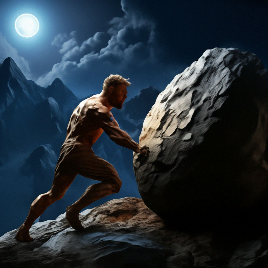 "Sisyphus drags a stone up the mountain" — image created in Shedevrum