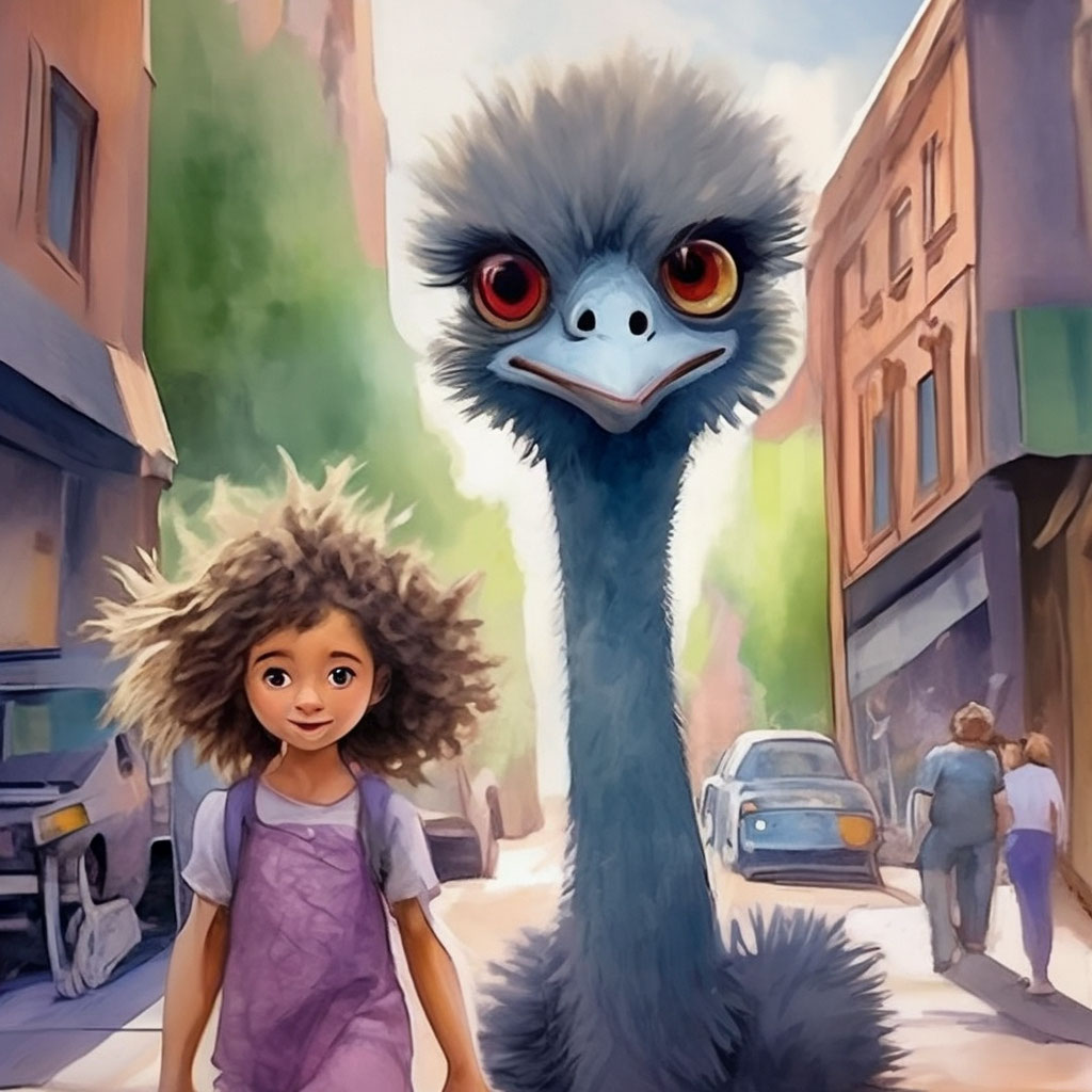 "Cute, awkward bushy ostrich, big eyes, detailed drawing, grotesque ...