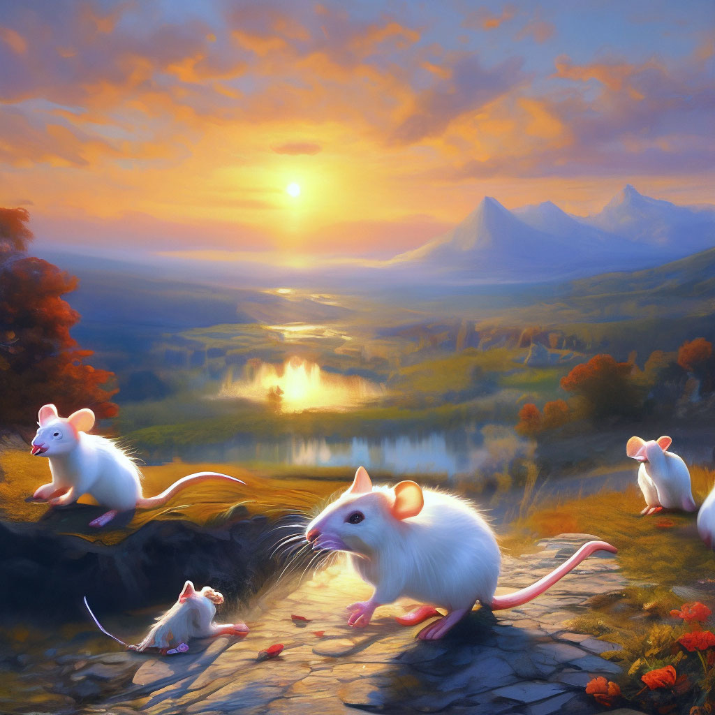 "Beautiful landscape, white rats running around, dawn" — image created ...