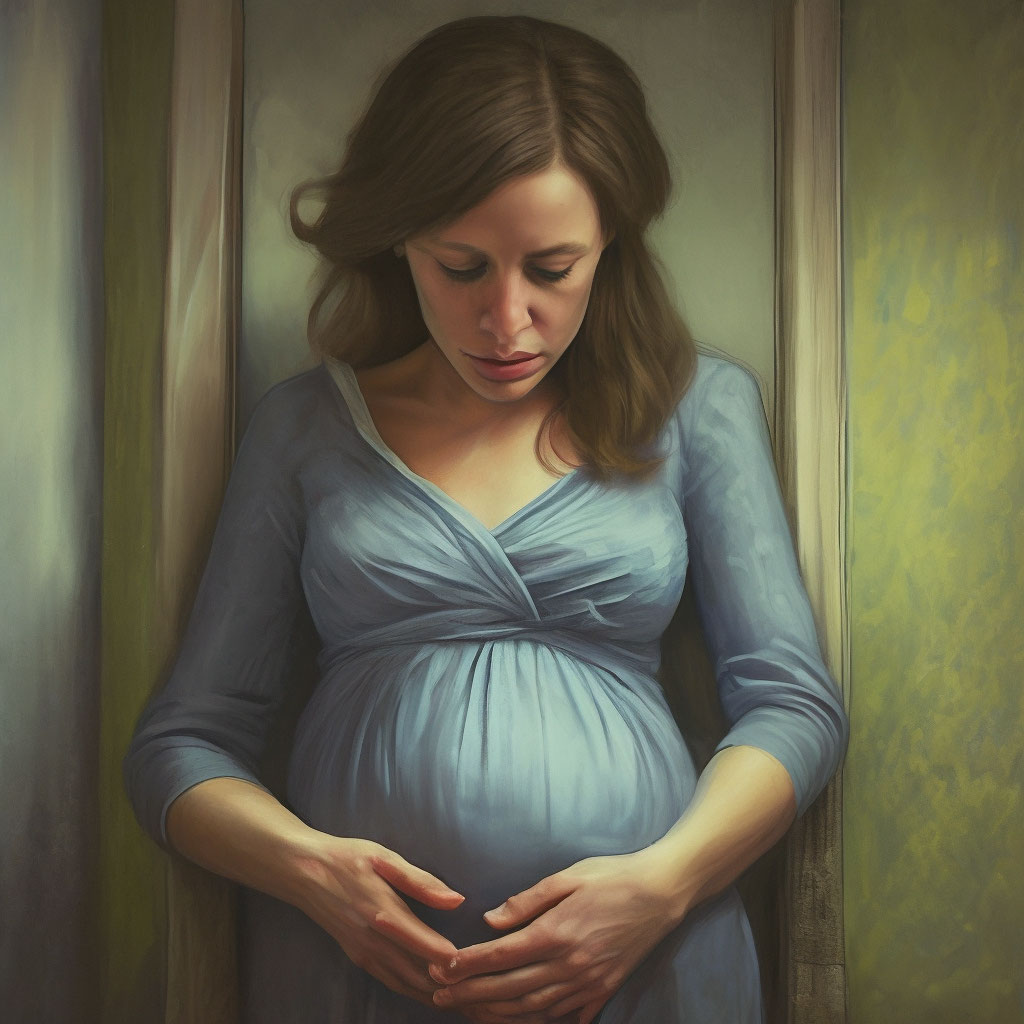 "A scared pregnant woman" — image created in Shedevrum