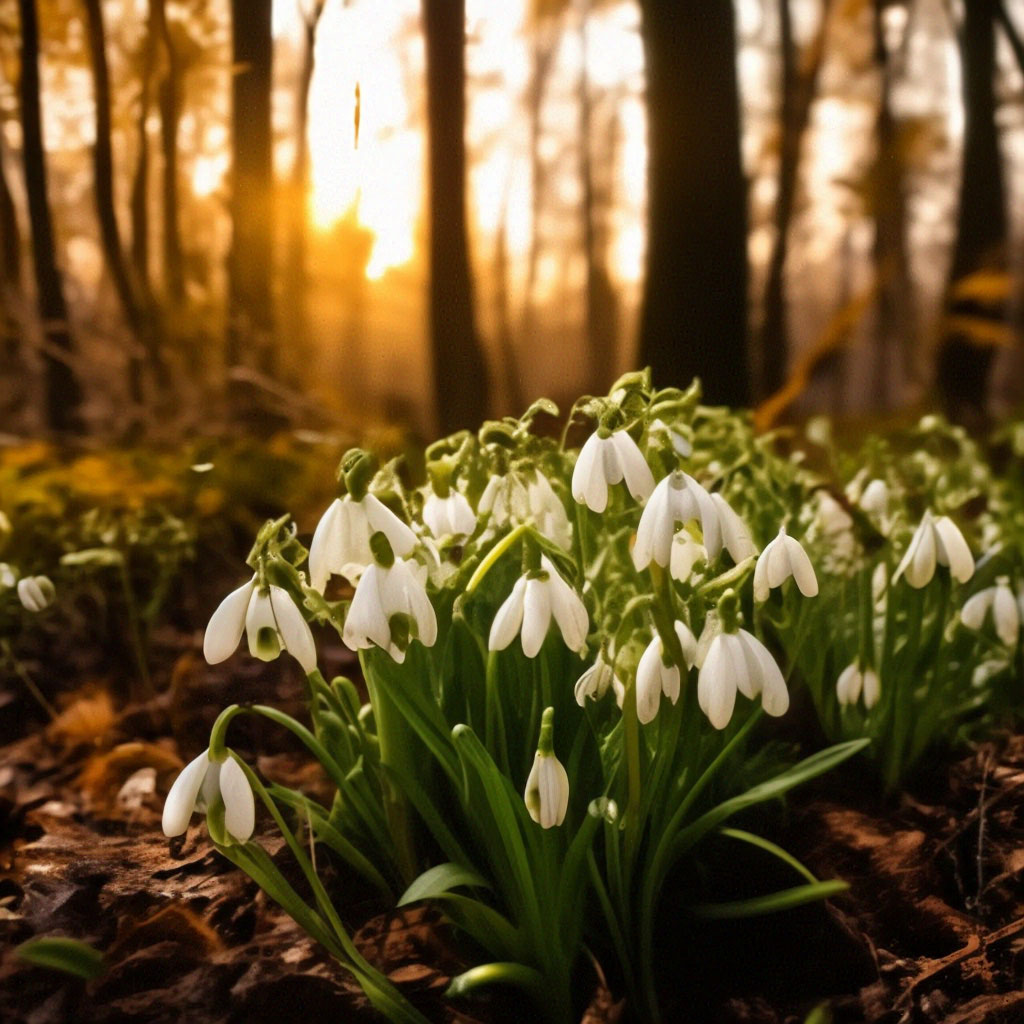 "Snowdrops in the forest, in a clearing between trees., aesthetically ...