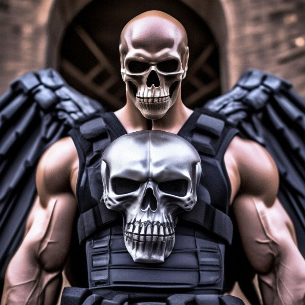 "A pumped-up man in a buff with a skull in a bulletproof vest, a skull ...