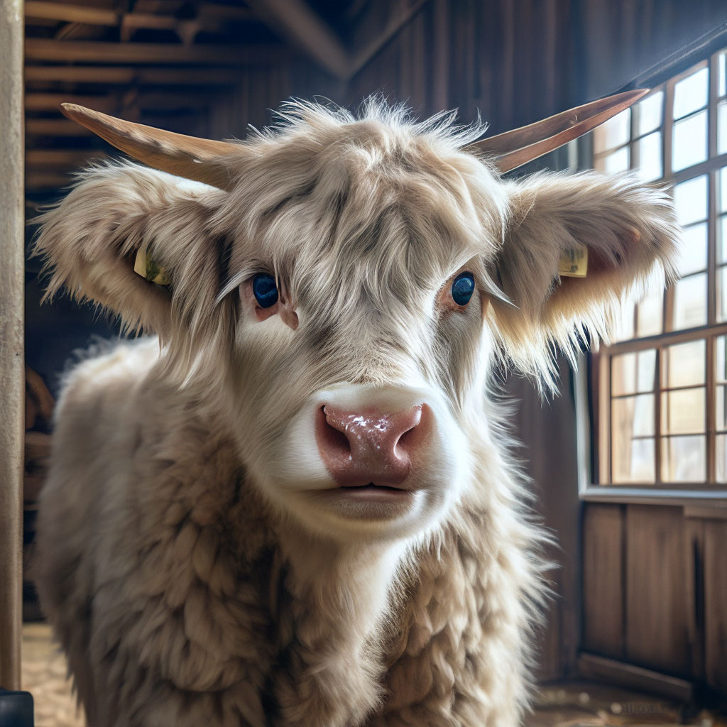 "A very fluffy cow with big Marvel-style eyes. against the background ...