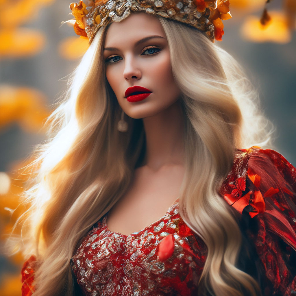 " queen autumn in a light haze,blonde, leaves,expressive eyes,filigree ...