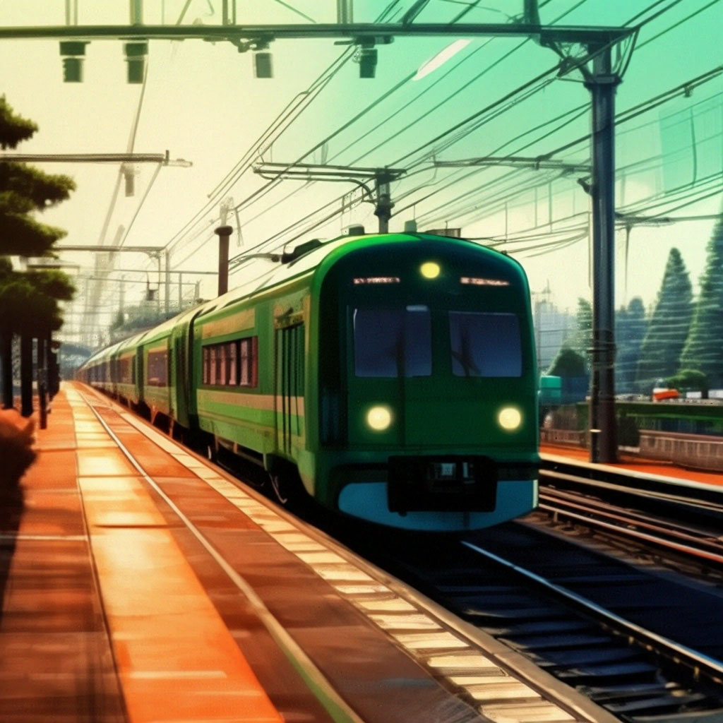 "Passenger platform at the station, Green train, rails, pine trees ...