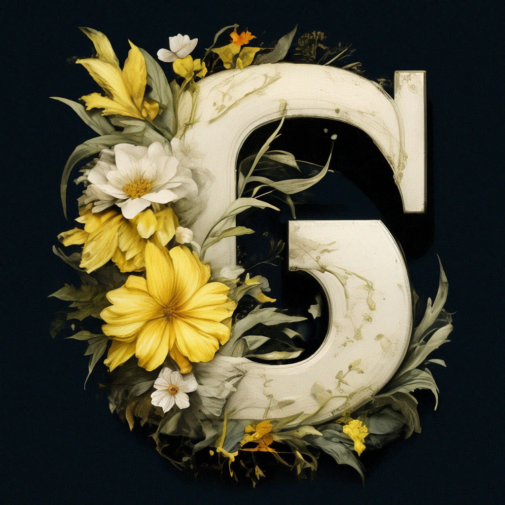 "In pale tones, the letter "G" is strange with a flower in white yellow ...