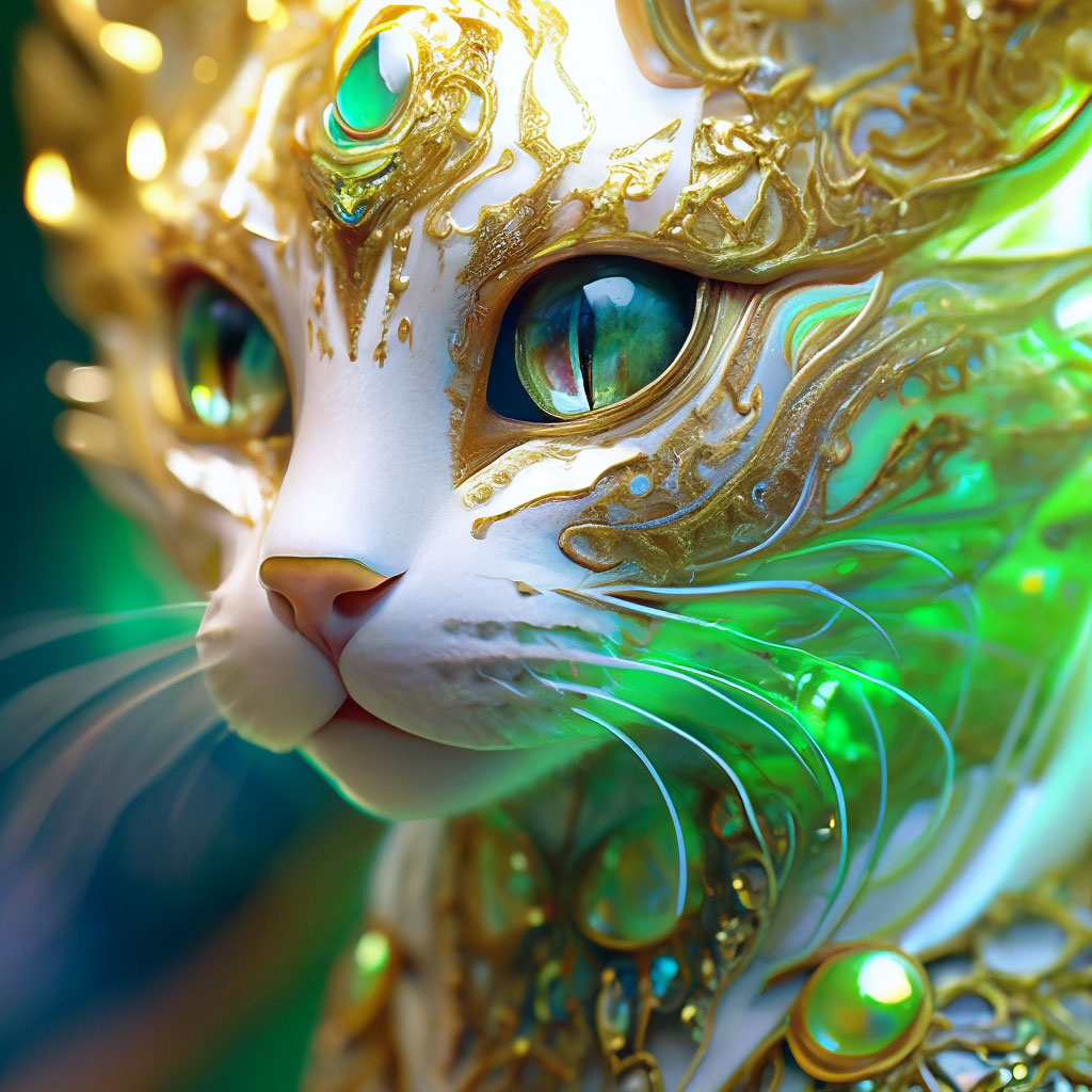 "💭💚 Cute, alien cat, close-up,close-up, delicate emerald-golden dream ...