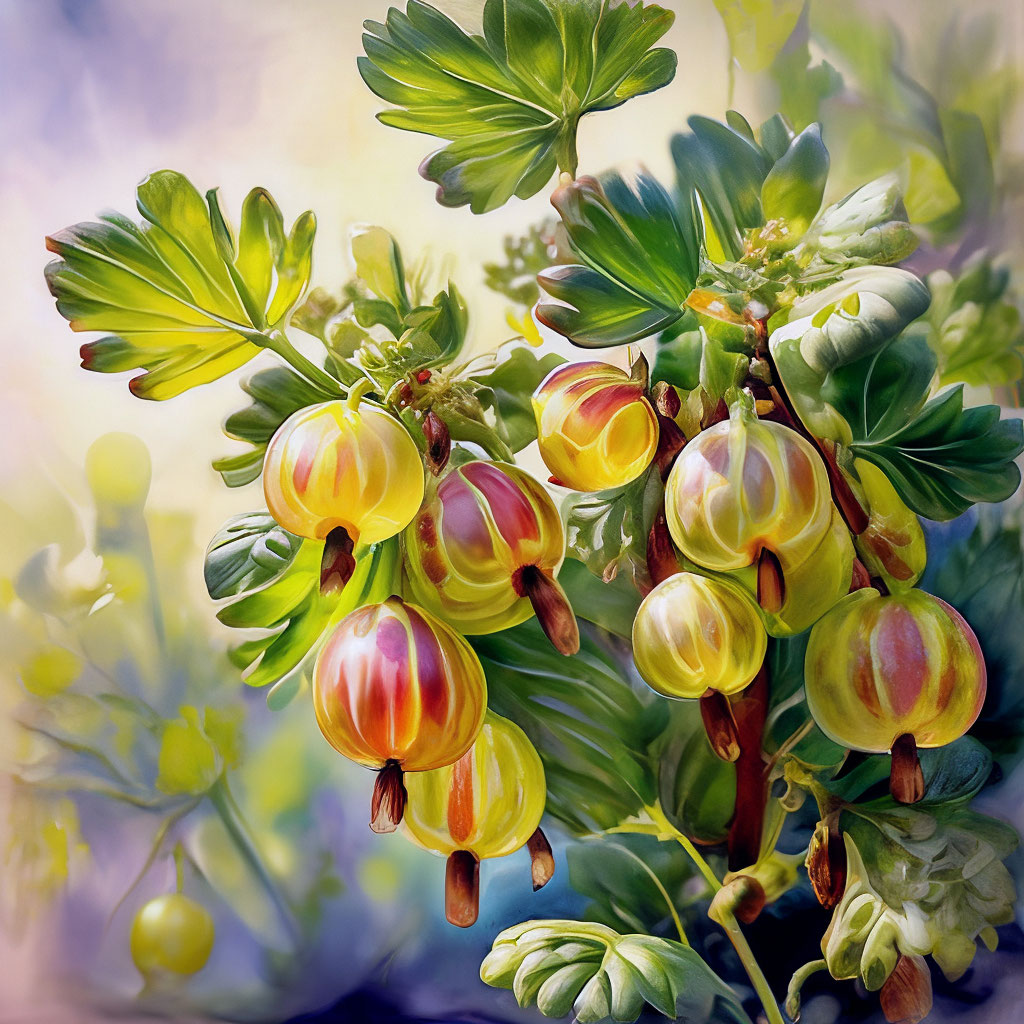 "Watercolor, gooseberry bush, ultra-detailed plant, morning, sun ...
