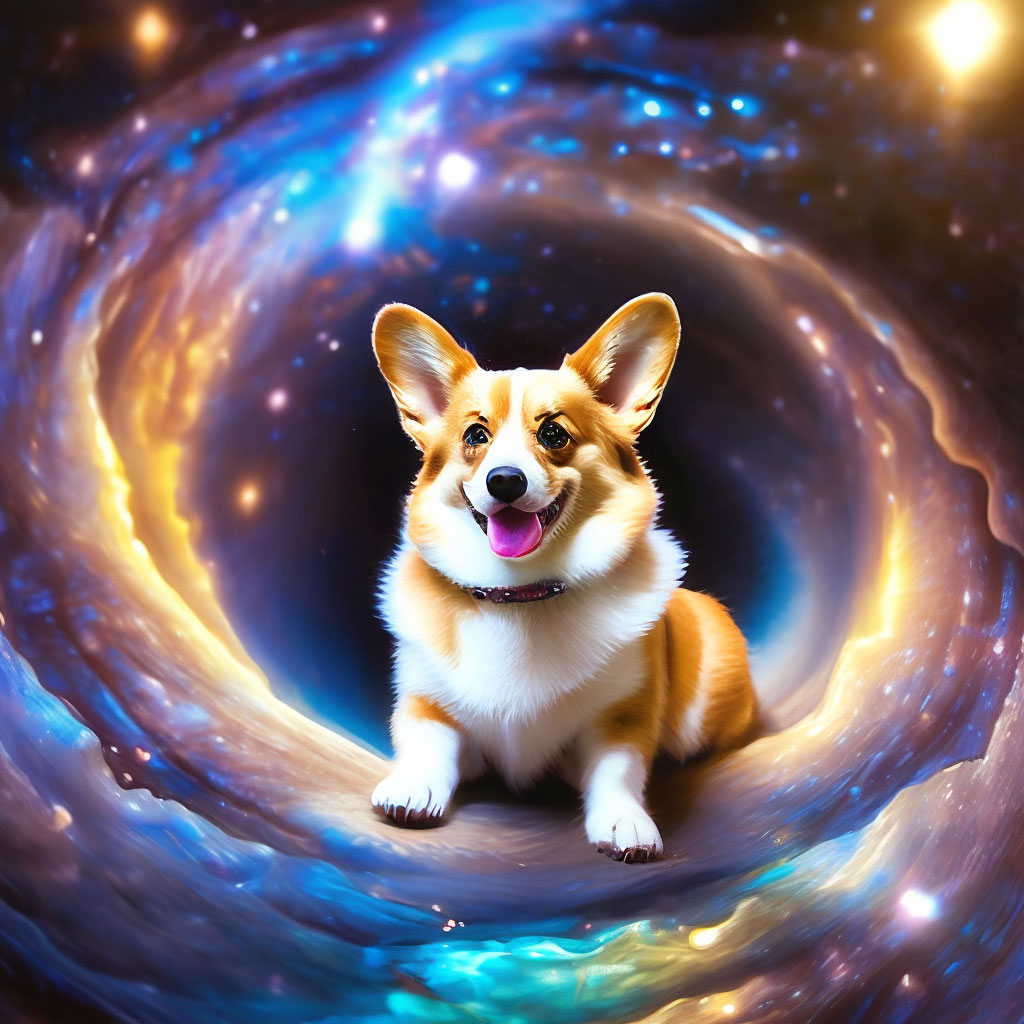 Corgi in the cosmic vortex The Labradorite effect" — image created in ...