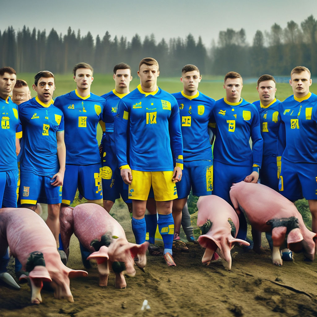 "The Ukrainian national football team, herding pigs" — image created in ...