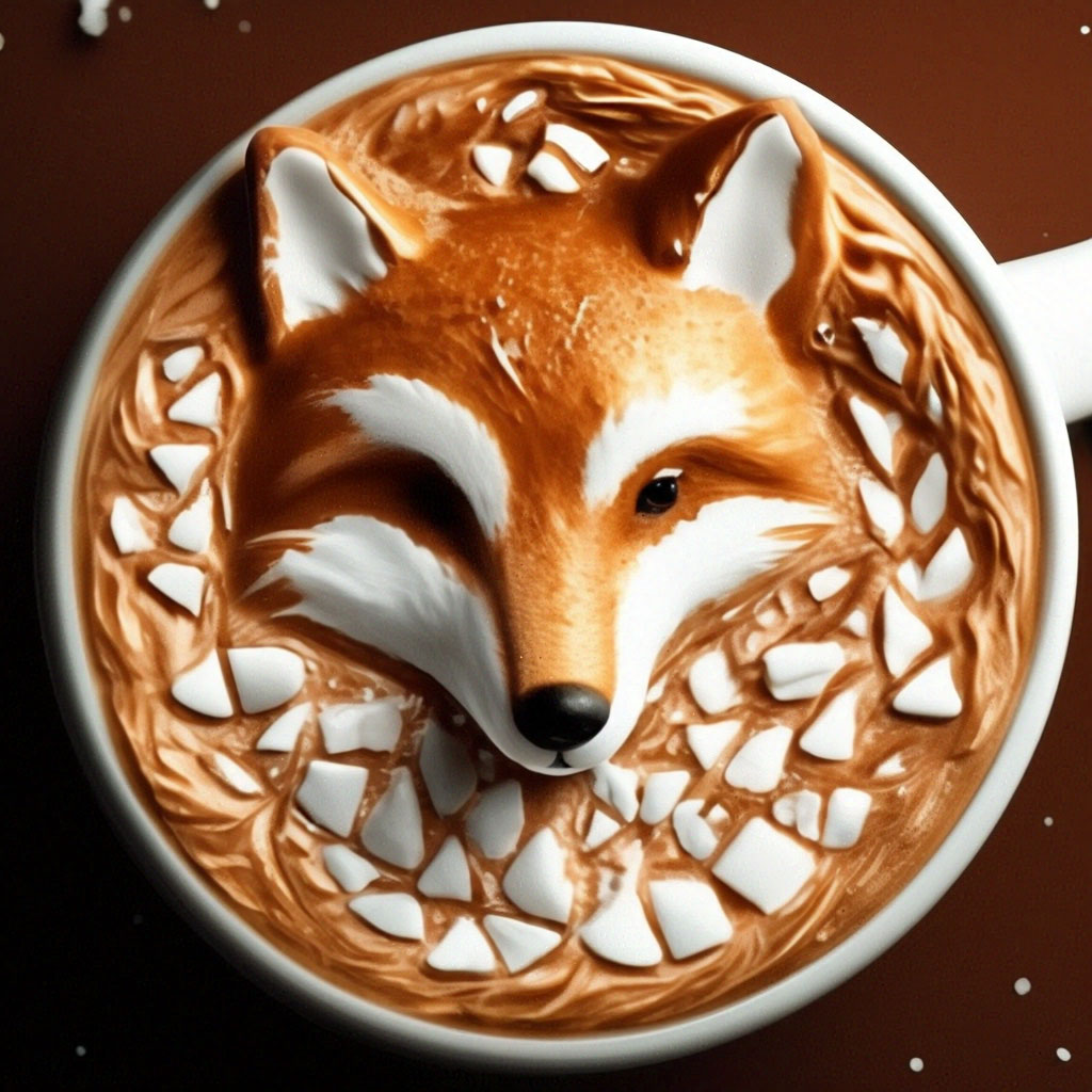 "Latte art, top view, fox foam pattern, marshmallows on the table ...