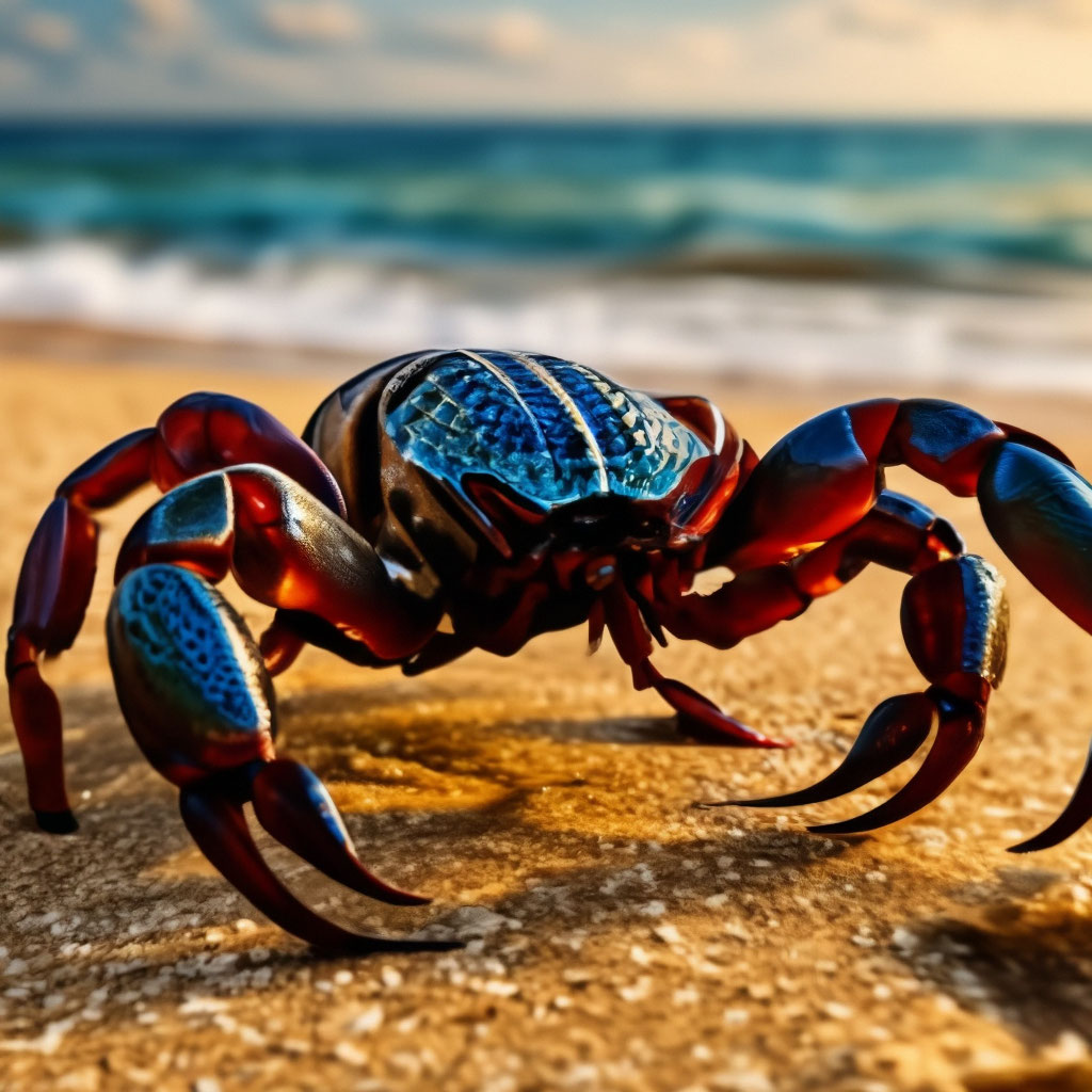 "A colored scorpion walks along a sandy beach along the Red Sea ...