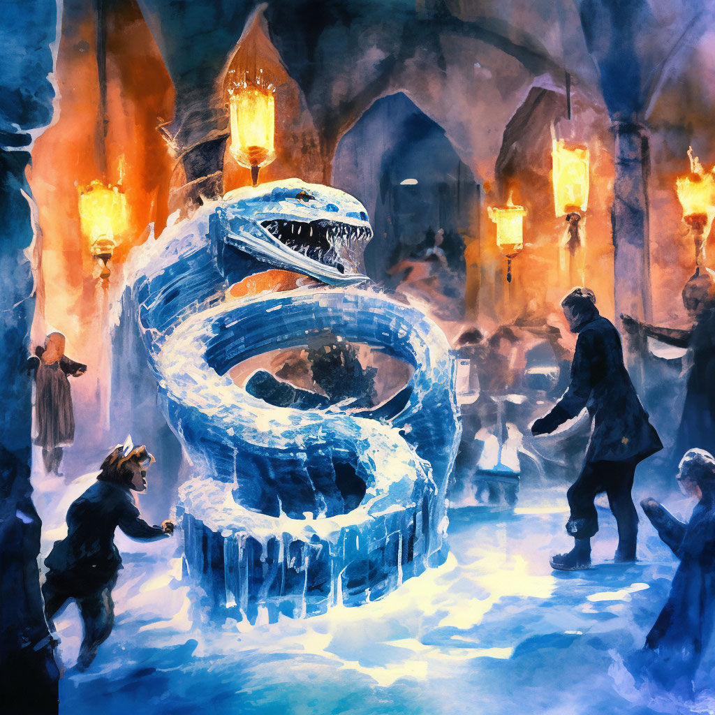 "An ice snake in a tavern, people …" — image created in Shedevrum