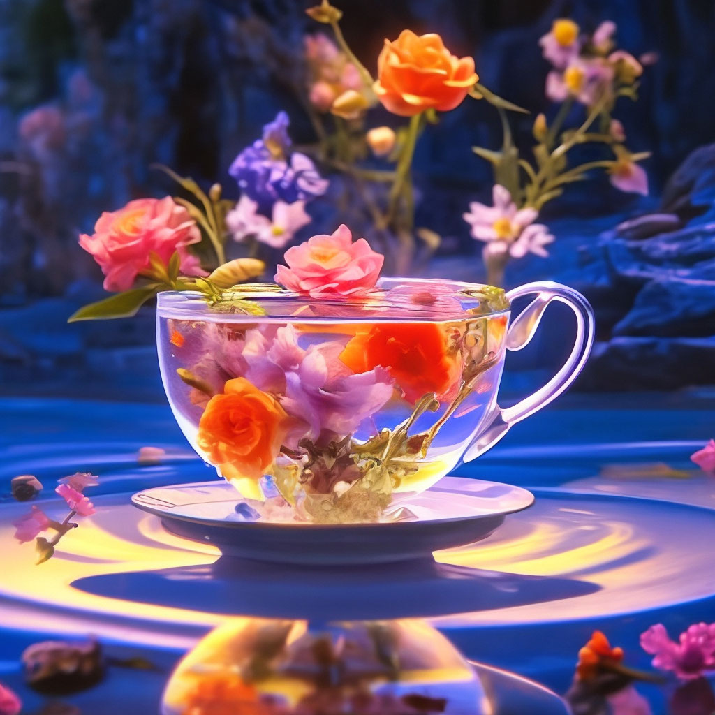 "A cup with tea inside and flowers …" — image created in Shedevrum