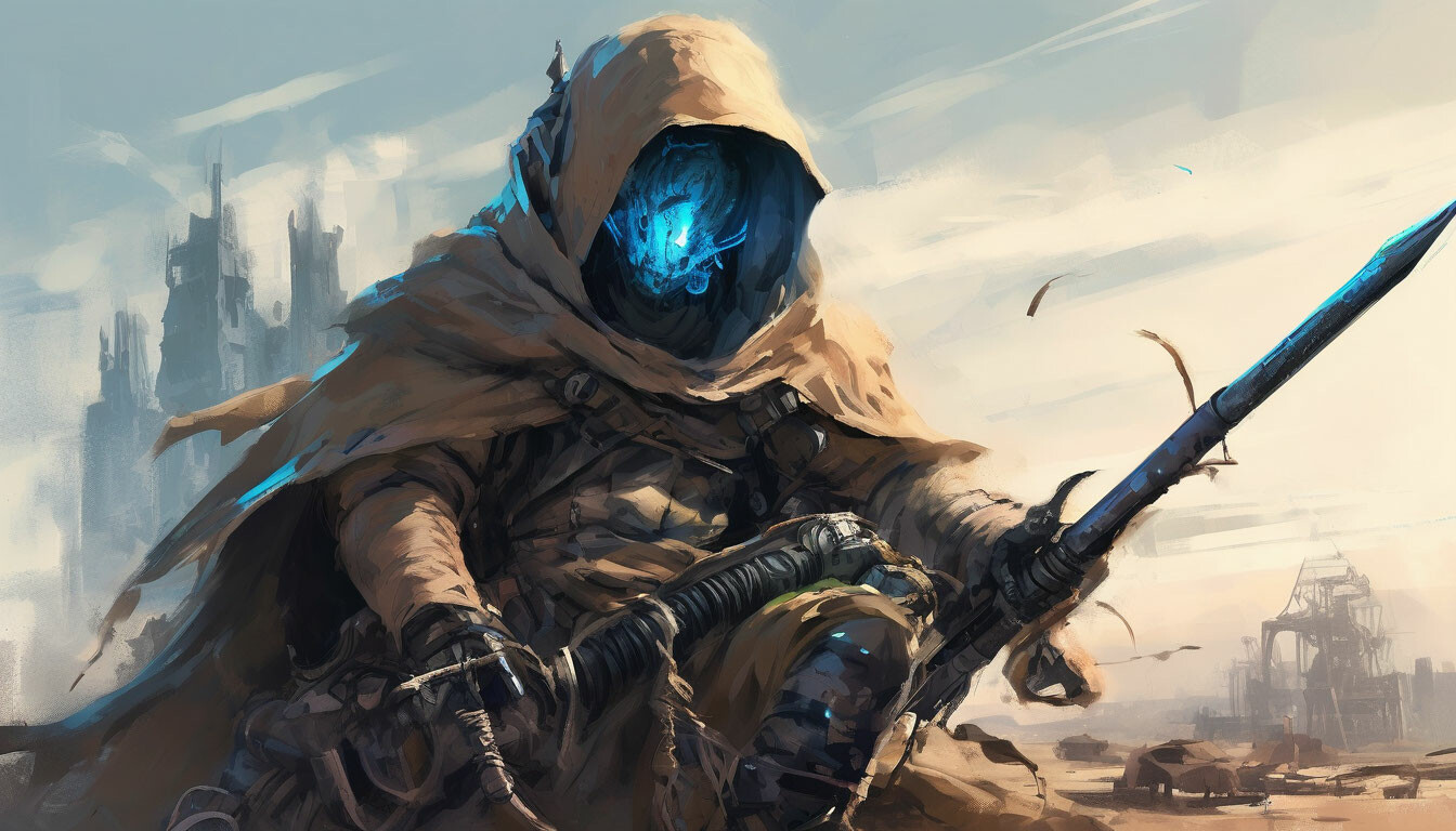 "For the contest "Earth in the Future" a cyborg in a beige cape with a ...