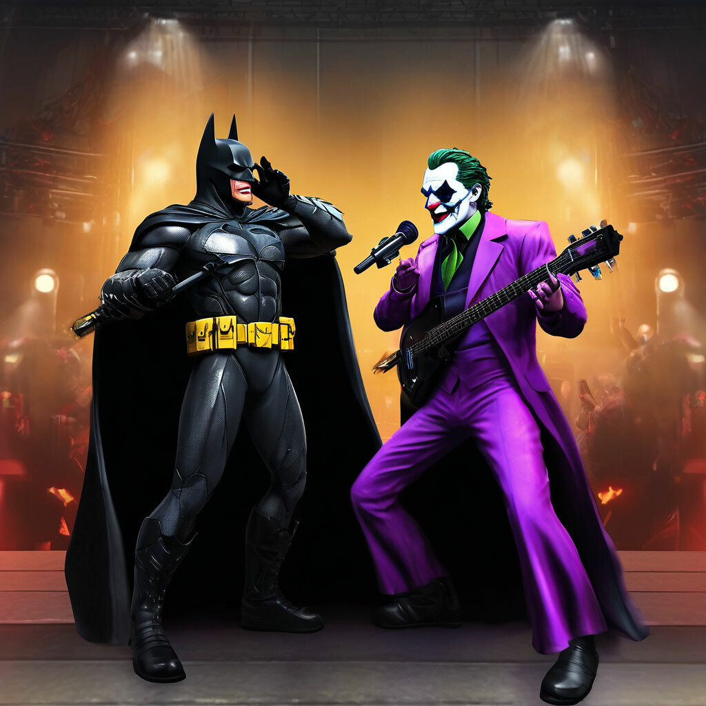 "Batman and the Joker are giving a rock concert on stage" — image ...