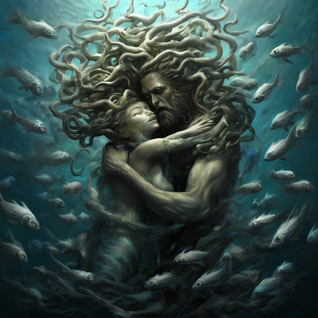 "Gorgon medusa and Neptune hugged in the semi-darkness of the sea abyss ...